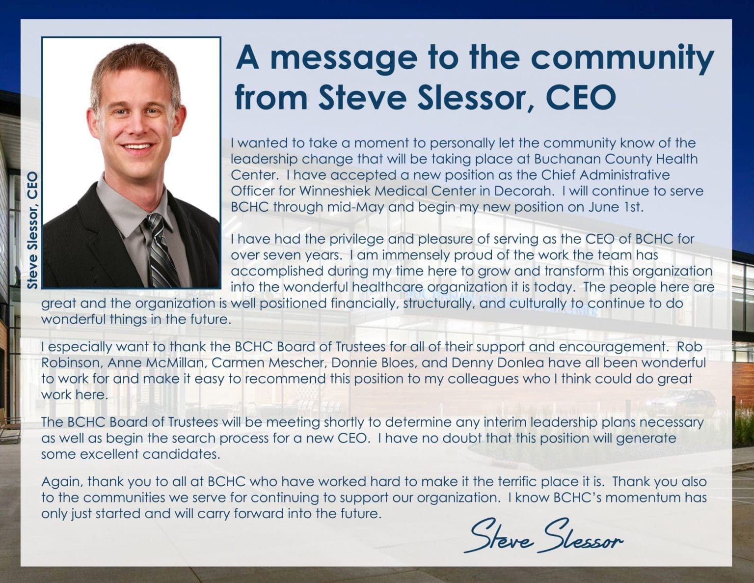 BCHC CEO, Steve Slessor, to Embark on New Opportunity with Winneshiek ...